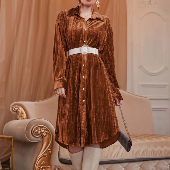 Dresses | New Rust Brown Velvet Shirt Dress Pearl Buttons | Poshmark